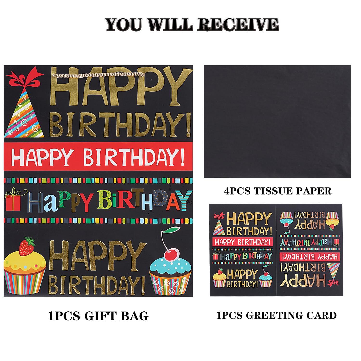 Jaywayang 12.6" Large Happy Birthday Gift Bag with Card and Tissue Paper (Black)