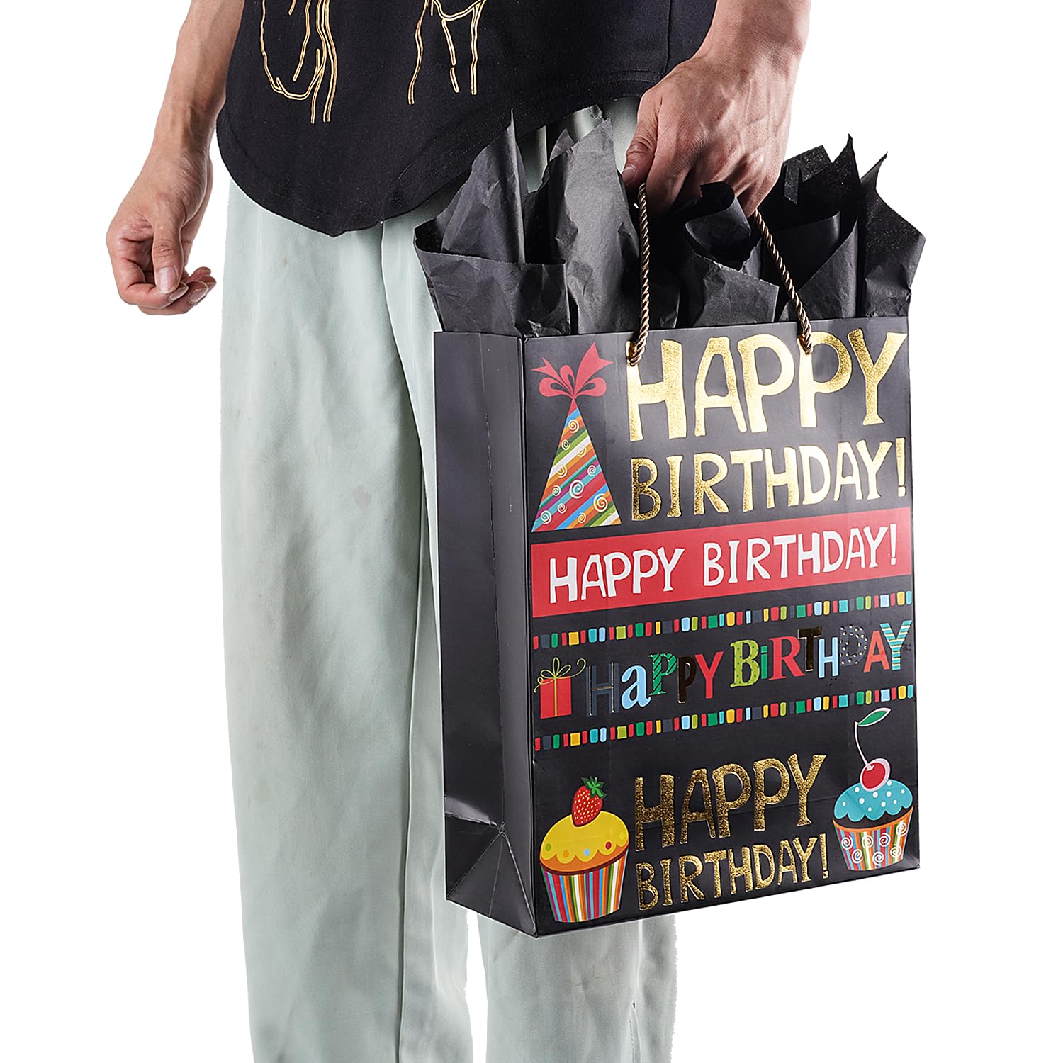 Jaywayang 12.6" Large Happy Birthday Gift Bag with Card and Tissue Paper (Black)
