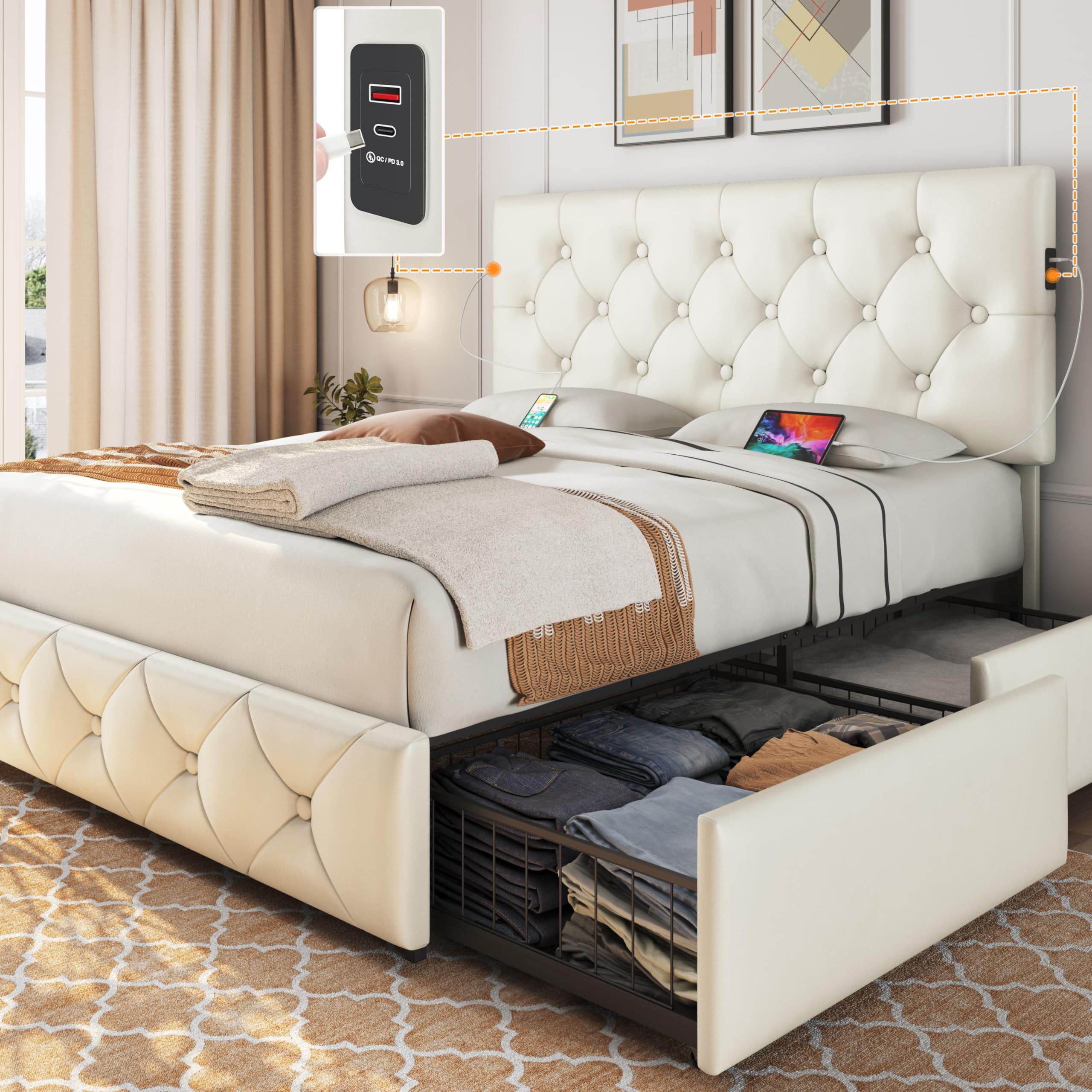 Yaheetech Queen Size Upholstered Bed Frame with 2 USB Charging Stations/Ports for Type A & Type C/4 Storage Drawers/Adjustable Headboard, Faux Leather Platform Bed with Strong Wooden Slats, Beige