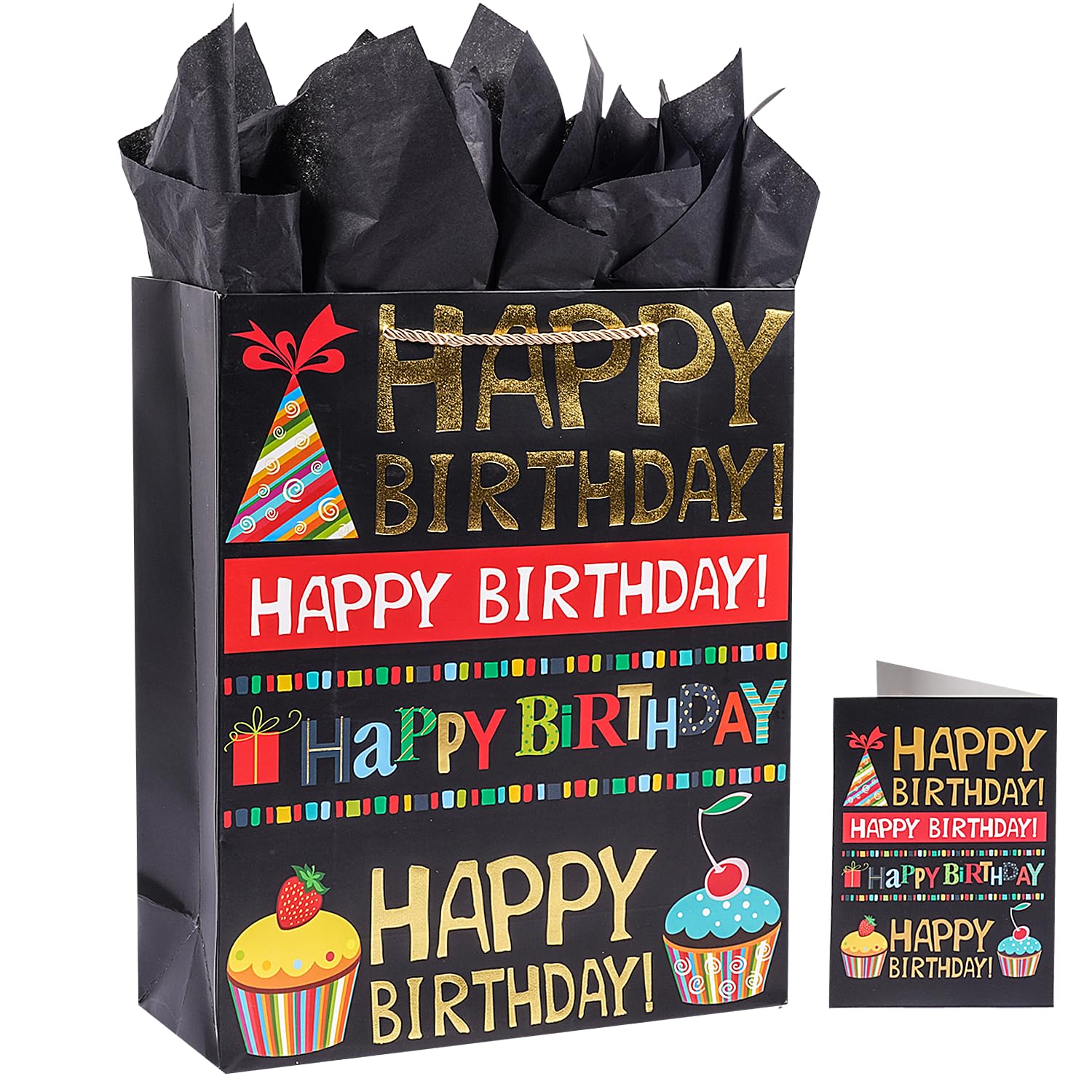 Jaywayang 12.6" Large Happy Birthday Gift Bag with Card and Tissue Paper (Black)