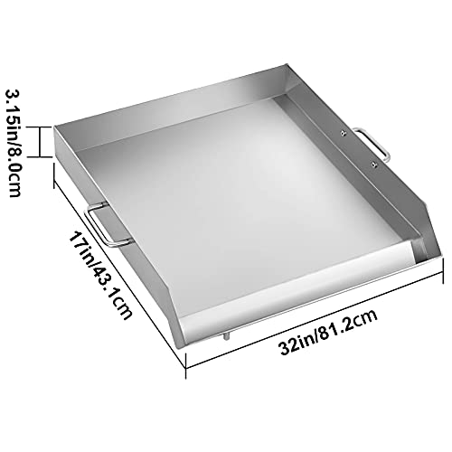 Happybuy Stainless Steel Griddle,32" X 17" Universal Flat Top Rectangular Plate, BBQ Charcoal/Gas Grill with 2 Handles and Grease Groove with Hole,Grills for Camping, Tailgating and Parties