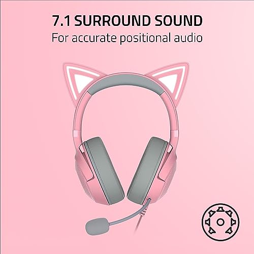 Razer Kraken Kitty V2 USB Wired Headset: Chroma RGB Kitty Ears - Stream Reactive Lighting - HyperClear Cardioid Mic - 40 mm Drivers - 7.1 Surround Sound - Comfortable Ear Cushions - Quartz Pink