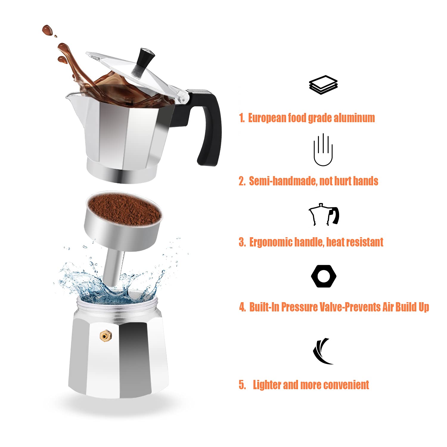 MVPLUE Classic Stovetop Espresso Maker 6 Cup ，Moka Pot Aluminum Silver，Cuban Coffee Maker includes 2 silicone folding cups， Make Delicious Coffee Easily at Home And Camping