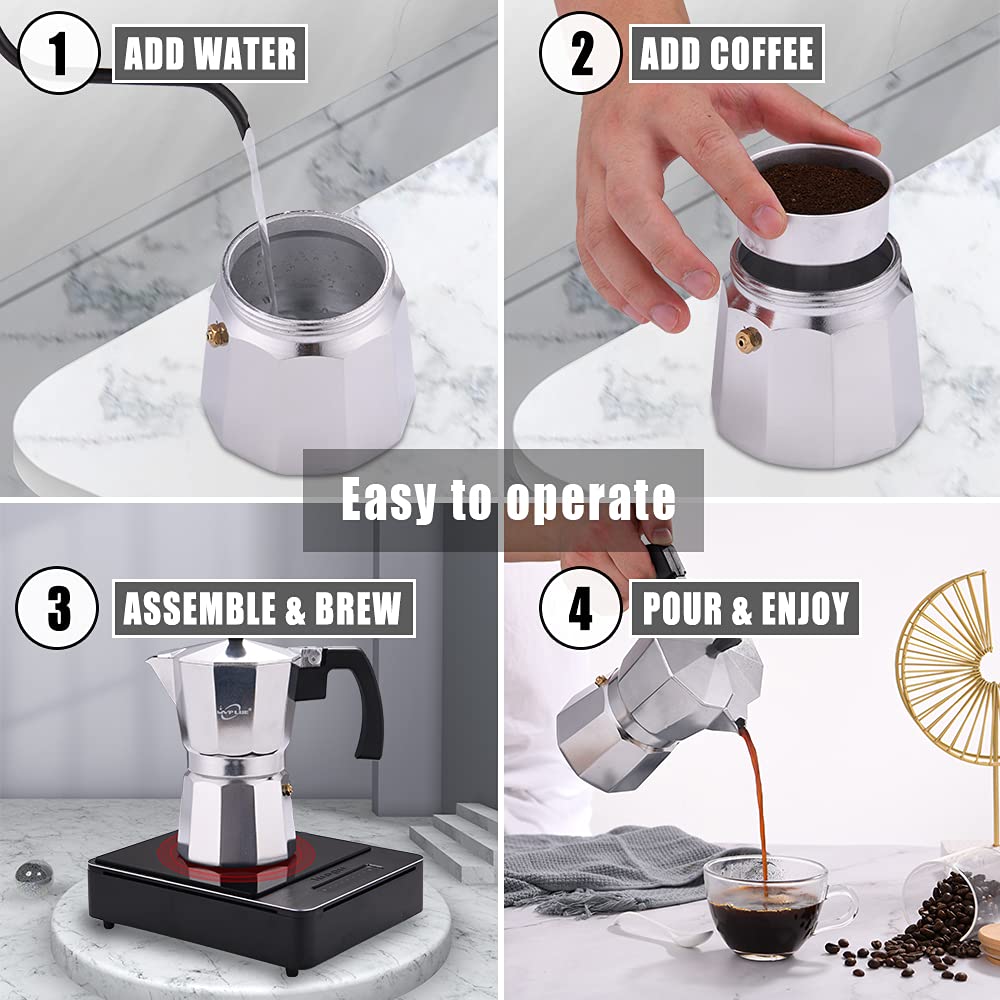 MVPLUE Classic Stovetop Espresso Maker 6 Cup ，Moka Pot Aluminum Silver，Cuban Coffee Maker includes 2 silicone folding cups， Make Delicious Coffee Easily at Home And Camping