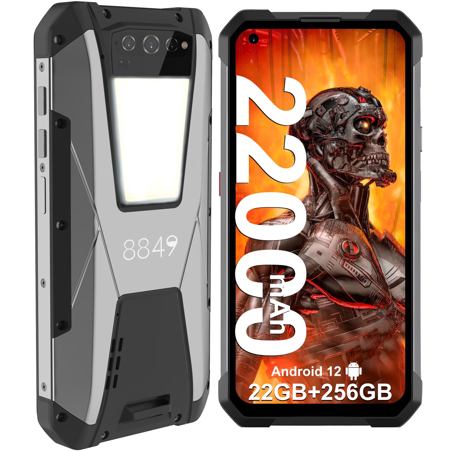 8849 Tank Rugged Smartphone, 22000mAh(66W) 22GB+256GB 4G Android Phone Unlocked with 1200LM Camping Light, IP68 Waterproof 6.81" Android 12 Rugged Cell Phone, 108MP Camera, Single Speaker/NFC/OTG