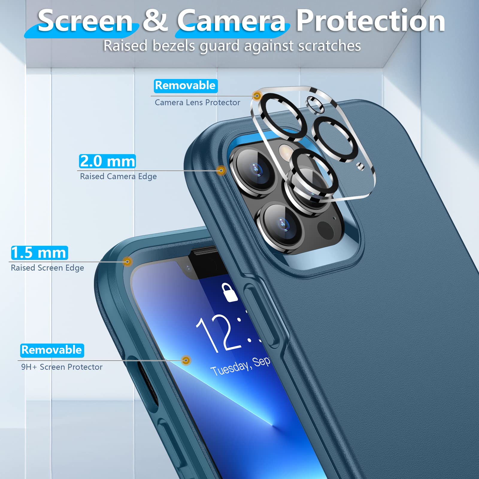 Red2Fire for iPhone 13 Pro Max Case, [Shockproof] [Dropproof] [Dust-Proof] with [2 Pack Tempered Glass Screen Protector] Protective Phone Case for iPhone 13 Pro Max -6.7 inch Blue