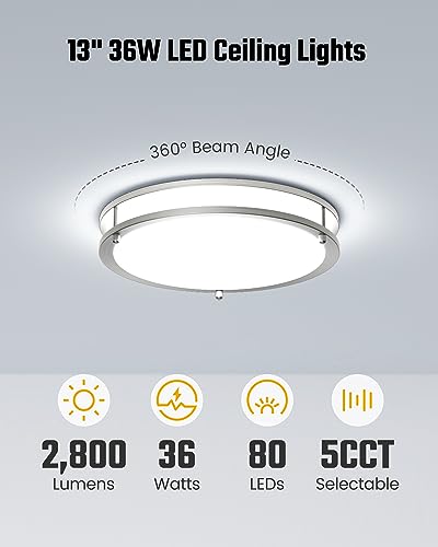 SUPERDANNY 36W LED Flush Mount Ceiling Light Fixture, 13 Inch Modern Ceiling Lamp, 3000K/3700K/4500K/5100K/6000K Dimmable Ceiling Lights for Bedroom Kitchen Hallway Bathroom (Brushed Nickel, 2 Pack)