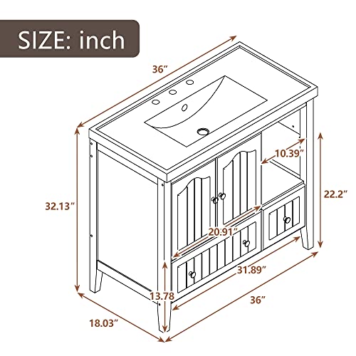 Lifeand, Integrated Combo with White Built-in Ceramic Top & Modern Base Cabinet 36" Bathroom Vanity with Sink, 36'', Brown