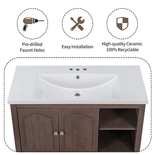 Lifeand, Integrated Combo with White Built-in Ceramic Top & Modern Base Cabinet 36" Bathroom Vanity with Sink, 36'', Brown