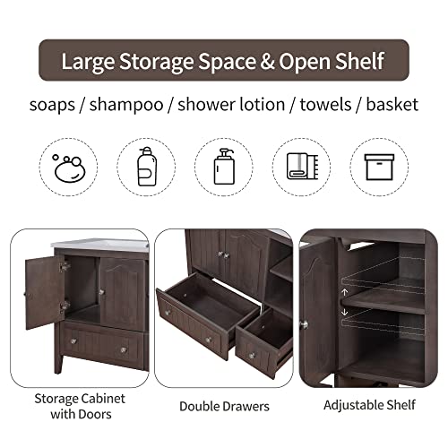 Lifeand, Integrated Combo with White Built-in Ceramic Top & Modern Base Cabinet 36" Bathroom Vanity with Sink, 36'', Brown
