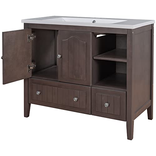 Lifeand, Integrated Combo with White Built-in Ceramic Top & Modern Base Cabinet 36" Bathroom Vanity with Sink, 36'', Brown