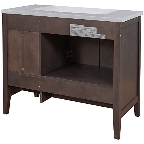 Lifeand, Integrated Combo with White Built-in Ceramic Top & Modern Base Cabinet 36" Bathroom Vanity with Sink, 36'', Brown
