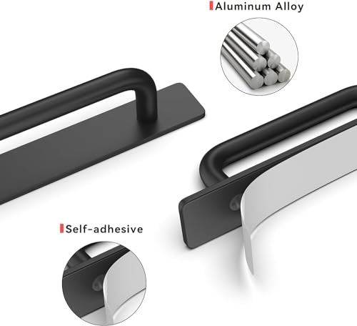 homdiy 2 Pack Adhesive Cabinet Handle Stick on Door Handles Self Stick Drawer Pulls No Drilling Black Cabinet Pulls Push Pull Helper for Kitchen Window Sliding Door Closet - 5.83"