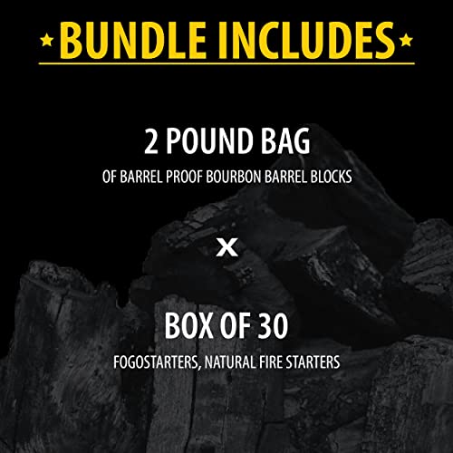 FOGO Fogostarters Natural Fire Starters, 30 Count Box and FOGO Barrel Proof Bourbon Barrel Blocks, Cask Strength Smoking Wood Chunks for Grilling, 2 Pound Resealable Bag, Bundle
