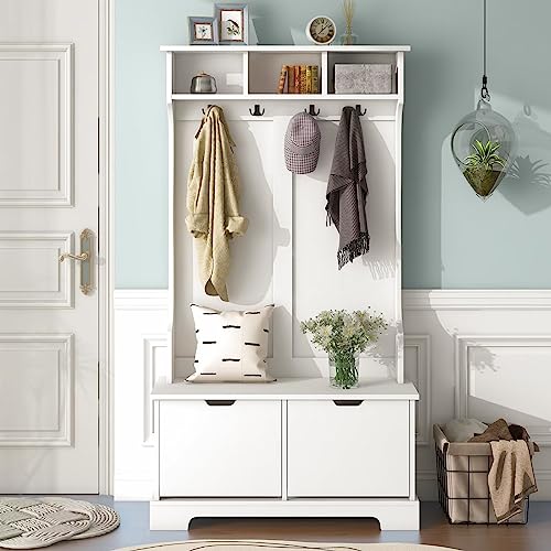 CuisinSmart All in One Hall Tree with 3 Top Shelves and 2 Flip Shoe Storage Drawers, Entryway Coat Garment Rack Storage, Hall Tree with Bench and Shoe Storage, White