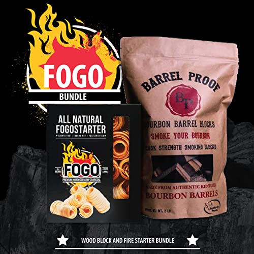 FOGO Fogostarters Natural Fire Starters, 30 Count Box and FOGO Barrel Proof Bourbon Barrel Blocks, Cask Strength Smoking Wood Chunks for Grilling, 2 Pound Resealable Bag, Bundle