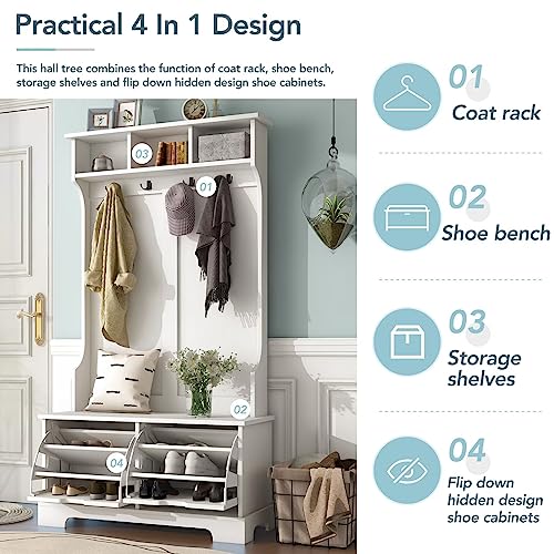 CuisinSmart All in One Hall Tree with 3 Top Shelves and 2 Flip Shoe Storage Drawers, Entryway Coat Garment Rack Storage, Hall Tree with Bench and Shoe Storage, White