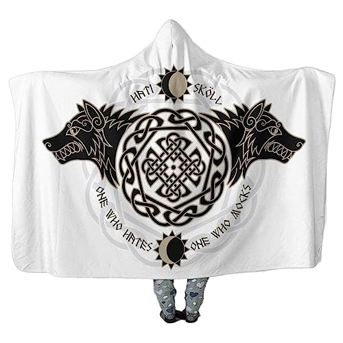 Medieval 3D Printing Hooded Blanket Warm Soft Yin Yang Wolf Rune Celtic Knot Totem Unisex Winter Wearable Hooded Blanket Double Thick Plush Fleece Blanket ( Color : Blanket , Size : 50x60in/130x150cm