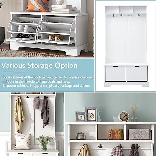 CuisinSmart All in One Hall Tree with 3 Top Shelves and 2 Flip Shoe Storage Drawers, Entryway Coat Garment Rack Storage, Hall Tree with Bench and Shoe Storage, White