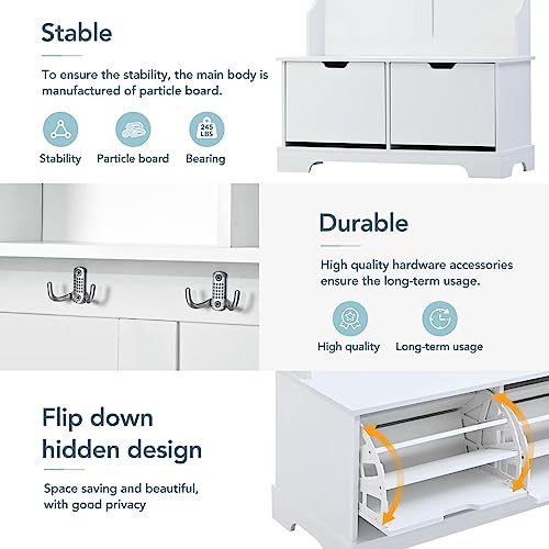 CuisinSmart All in One Hall Tree with 3 Top Shelves and 2 Flip Shoe Storage Drawers, Entryway Coat Garment Rack Storage, Hall Tree with Bench and Shoe Storage, White