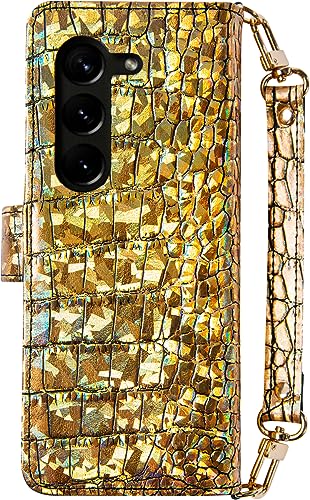 Qoosan Genuine Leather for Galaxy Z Fold 5 Case with Strap Card Holder Hinge Protection Wallet Case, Gold
