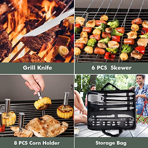 CTCCORC Grill Tool Set 20PCS, BBQ Tool Sets with Durable Barbecue Spatula, Grill Knife, Fork, Tongs, Skewers, Portable Storage Bag, Heavy Duty Stainless Steel Outdoor Cooking Camping Grilling Tools