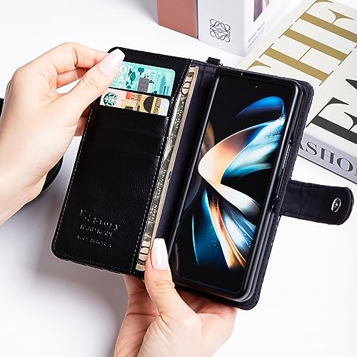 Qoosan Genuine Leather for Galaxy Z Fold 5 Case with Strap Card Holder Hinge Protection Wallet Case, Gold