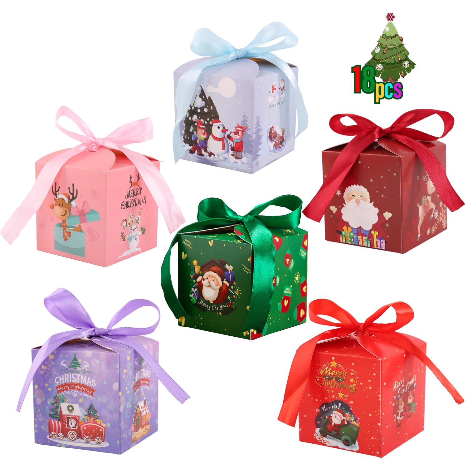 Christmas Gift Boxes Treat Cookie Favor Party Stacking Set with Lids Merry Christmas Goodie Paper Box Small Size Bow Bulk for Chirldren Mini Wrap Decorative Candy Holiday Santa Presents Bags Giving