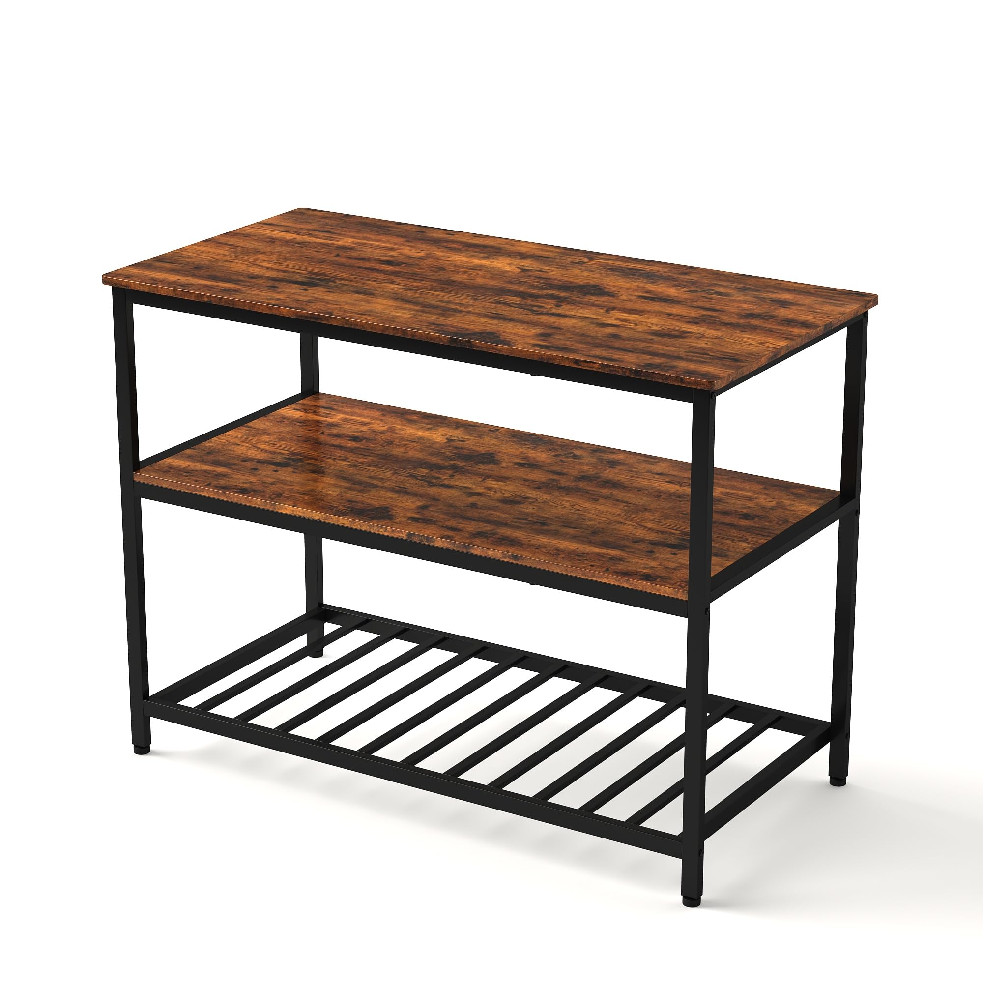 Lamerge Kitchen Island with 3 Shelves, Industrial Kitchen Counter, Kitchen Island with Metal Frame/MDF Top, 3 Tier Kitchen Shelf with Large Workstation for Home, Restaurant(Rustic Brown)
