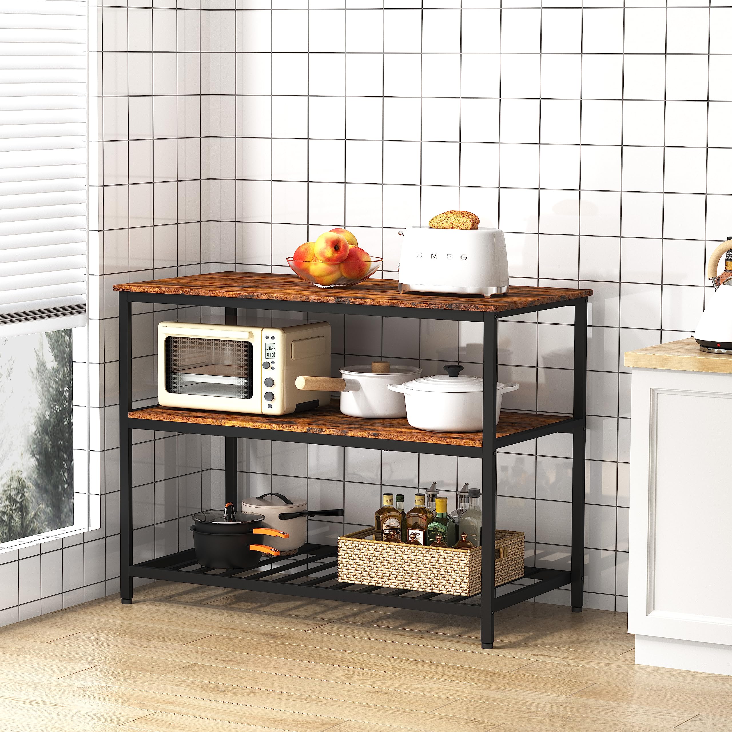 Lamerge Kitchen Island with 3 Shelves, Industrial Kitchen Counter, Kitchen Island with Metal Frame/MDF Top, 3 Tier Kitchen Shelf with Large Workstation for Home, Restaurant(Rustic Brown)
