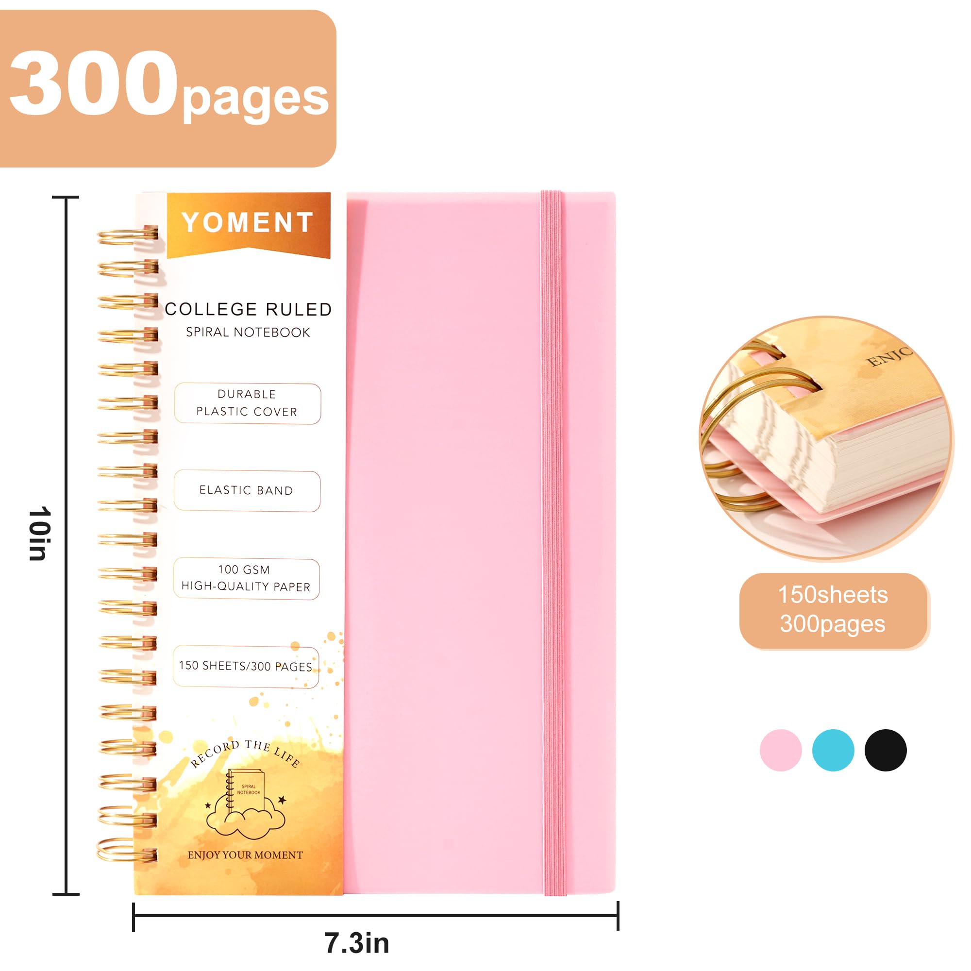 Yoment Spiral Notebook Journal 300 Pages Large Spiral Notebook B5 (7.3"x10") College Ruled Journals for Women Men Thick Spiral Bound Journal for Writing Work School, Pink