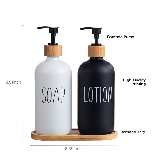 Vorey Bathroom Glass Soap Dispenser Set with Pump, Soap and Lotion Dispenser with Bamboo Tray for Farmhouse Decor (Black & White)