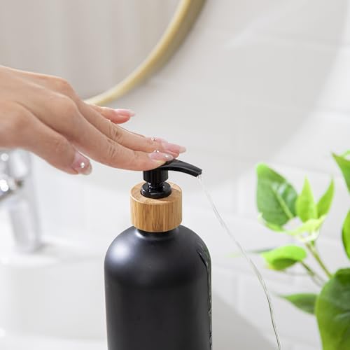 Vorey Bathroom Glass Soap Dispenser Set with Pump, Soap and Lotion Dispenser with Bamboo Tray for Farmhouse Decor (Black & White)