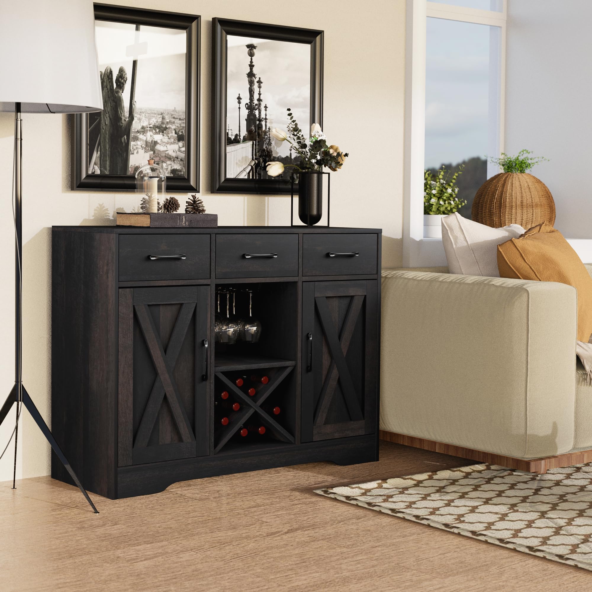 VVFLU Sideboard Buffet Cabinet with Storage Kitchen Farmhouse Coffee Bar Cabinet, Drawers, Removable Wine Rack, Wine Glass Rack, Barn Doors, Adjustable Shelves for Dinning Room, Brown (Dark Wood)