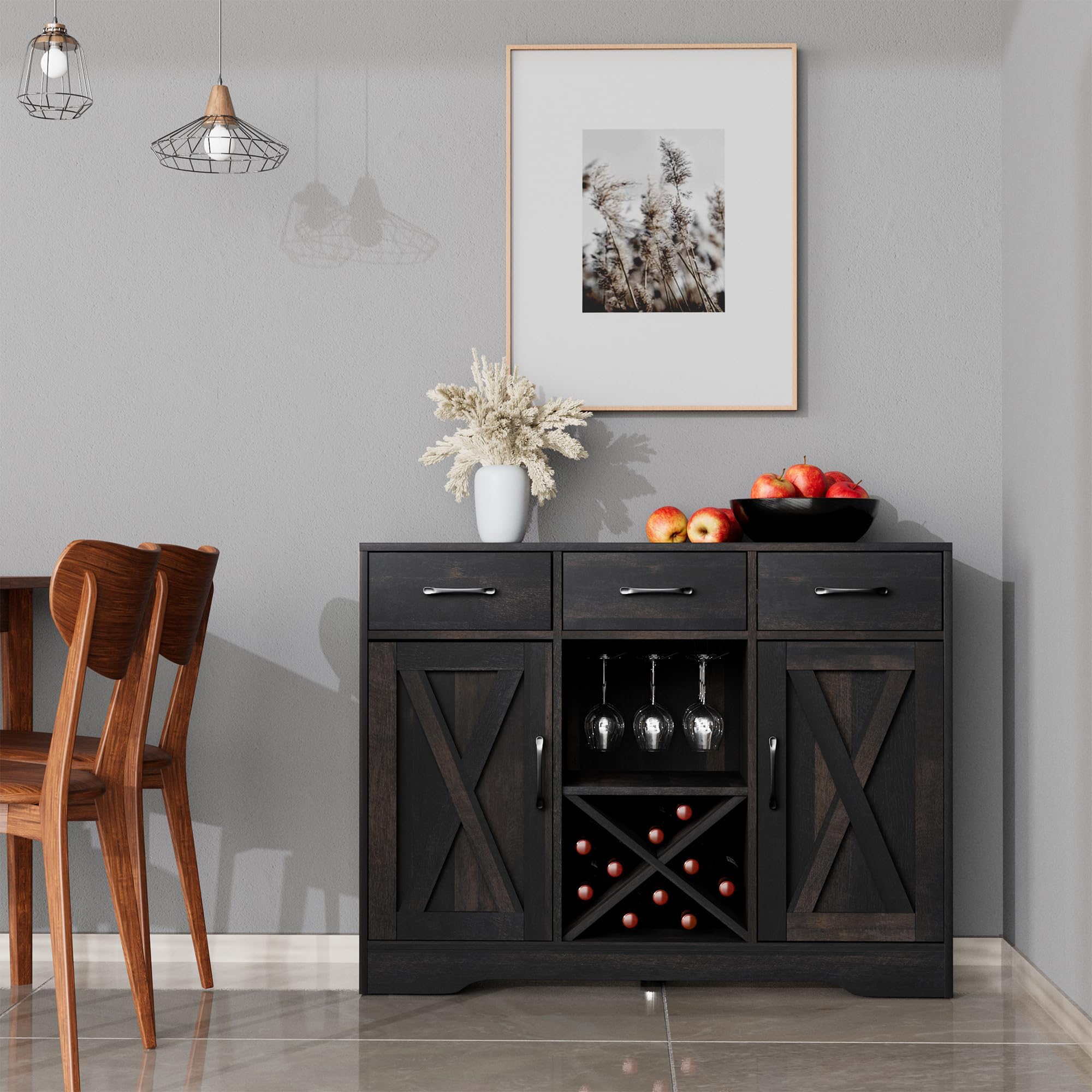 VVFLU Sideboard Buffet Cabinet with Storage Kitchen Farmhouse Coffee Bar Cabinet, Drawers, Removable Wine Rack, Wine Glass Rack, Barn Doors, Adjustable Shelves for Dinning Room, Brown (Dark Wood)