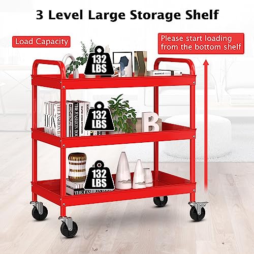 Goplus Service Cart, Heavy Duty 3-Tier Utility Cart with Flat Handle, 2 Lockable Universal Wheel, 400 lbs Capacity, Rolling Tool Cart for Garage, Kitchen, Hotel, Office, Workshop, Restaurant