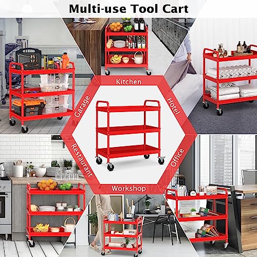 Goplus Service Cart, Heavy Duty 3-Tier Utility Cart with Flat Handle, 2 Lockable Universal Wheel, 400 lbs Capacity, Rolling Tool Cart for Garage, Kitchen, Hotel, Office, Workshop, Restaurant
