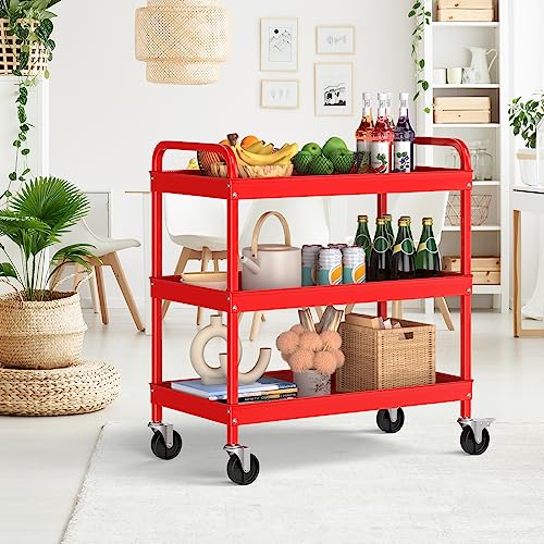 Goplus Service Cart, Heavy Duty 3-Tier Utility Cart with Flat Handle, 2 Lockable Universal Wheel, 400 lbs Capacity, Rolling Tool Cart for Garage, Kitchen, Hotel, Office, Workshop, Restaurant