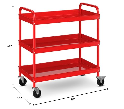 Goplus Service Cart, Heavy Duty 3-Tier Utility Cart with Flat Handle, 2 Lockable Universal Wheel, 400 lbs Capacity, Rolling Tool Cart for Garage, Kitchen, Hotel, Office, Workshop, Restaurant