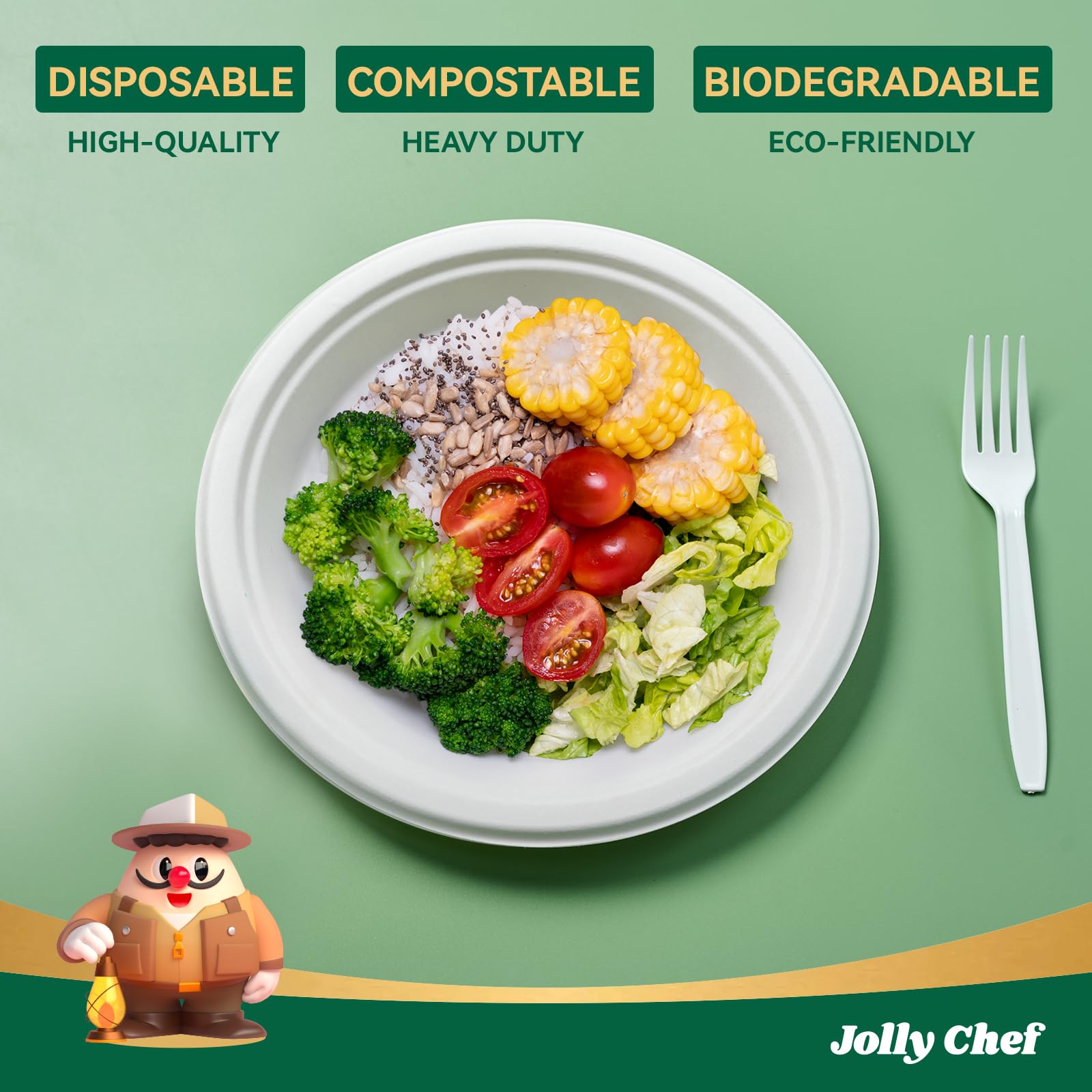 JOLLY CHEF Compostable Heavy Duty Plates 9 Inch [125 Pack] Eco-Friendly Disposable Natural Paper Plates Bagasse Biodegradable Bulk for Party Dinner Sugarcane Fibers Round 125 Count(White)