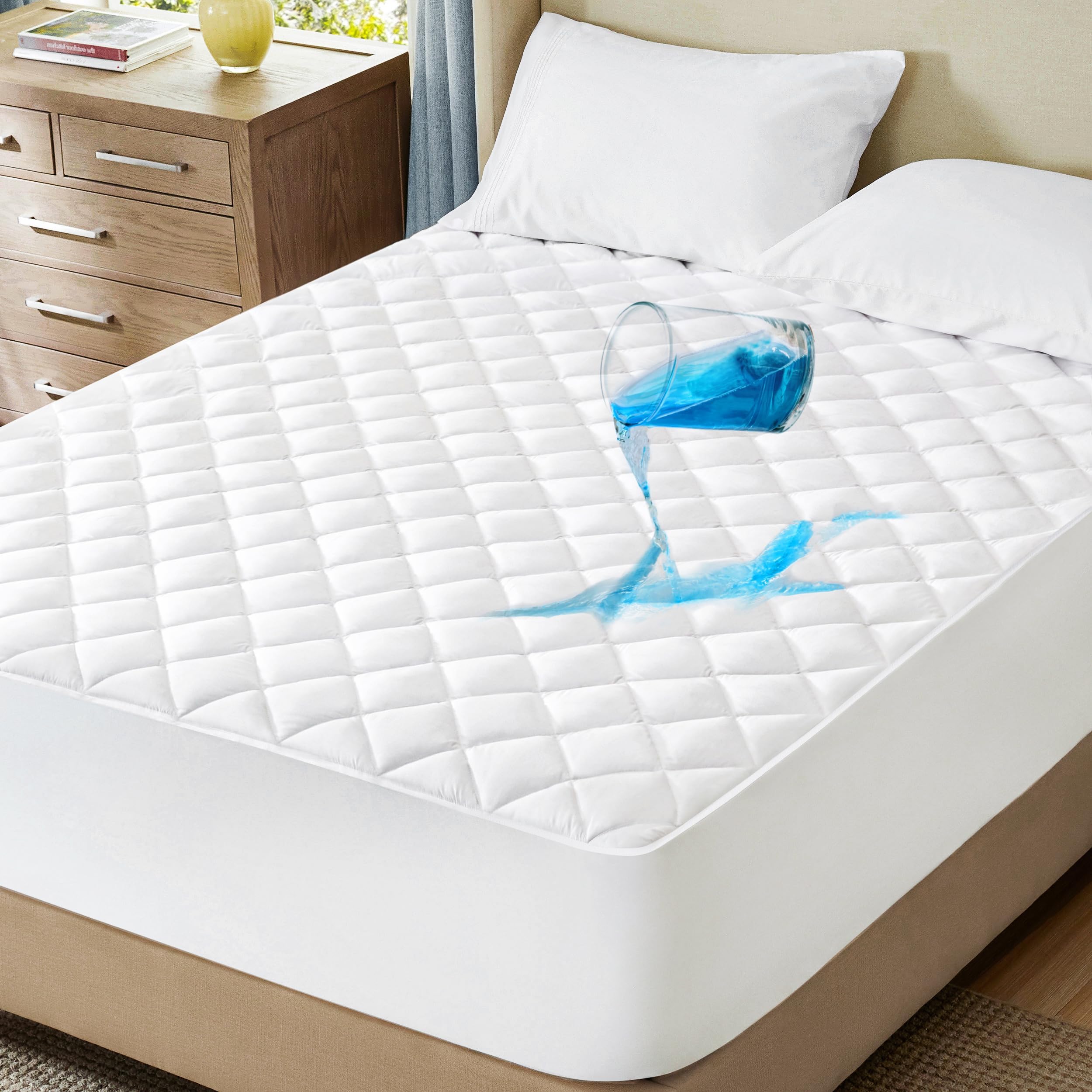 Bedsure King Mattress Protector, Quilted Waterproof Mattress Pad with Deep Pocket up to 22 Inches, Soft Breathable Noiseless Bed Cover, Topper Bed King White for Home, Bedroom, Hotel - White