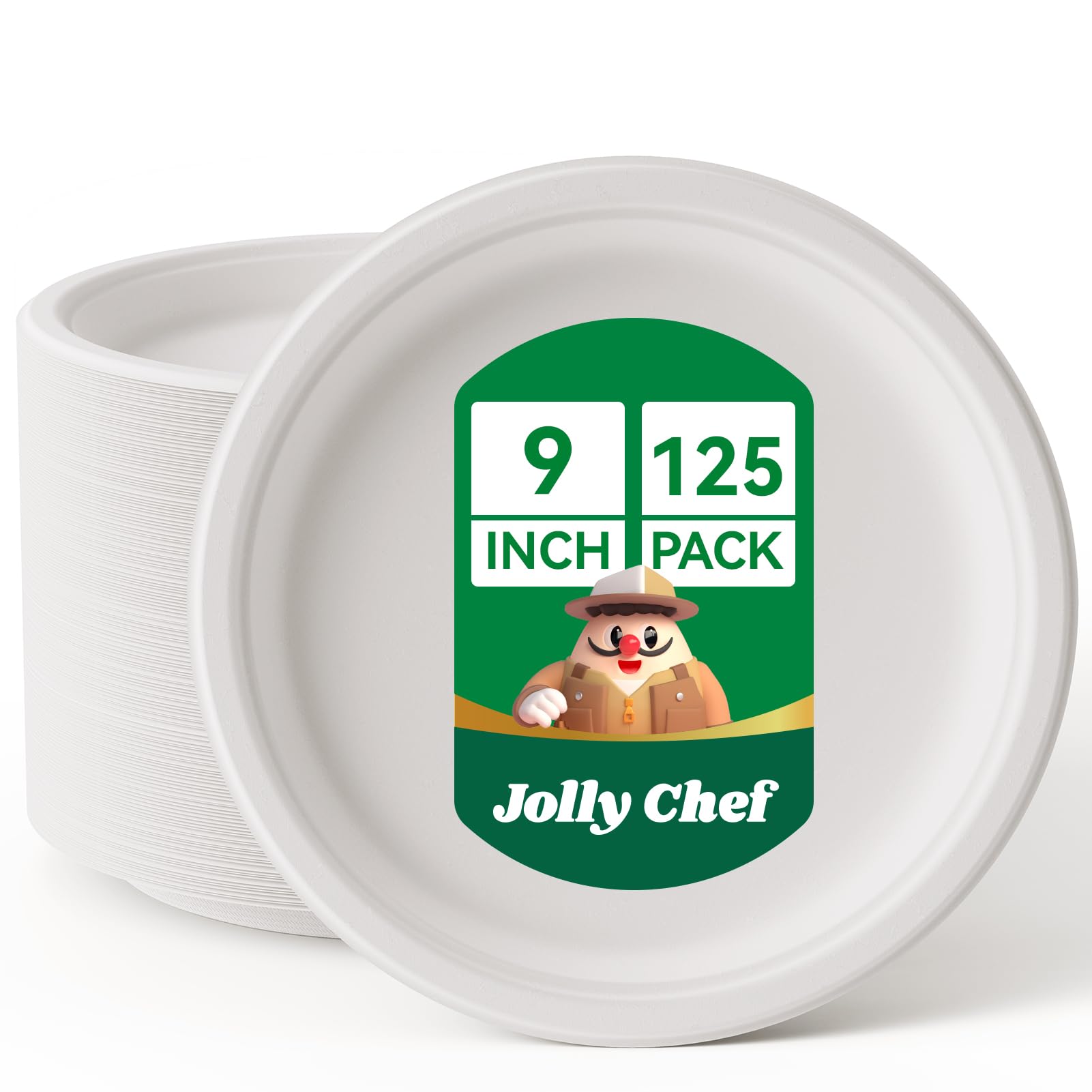 JOLLY CHEF Compostable Heavy Duty Plates 9 Inch [125 Pack] Eco-Friendly Disposable Natural Paper Plates Bagasse Biodegradable Bulk for Party Dinner Sugarcane Fibers Round 125 Count(White)