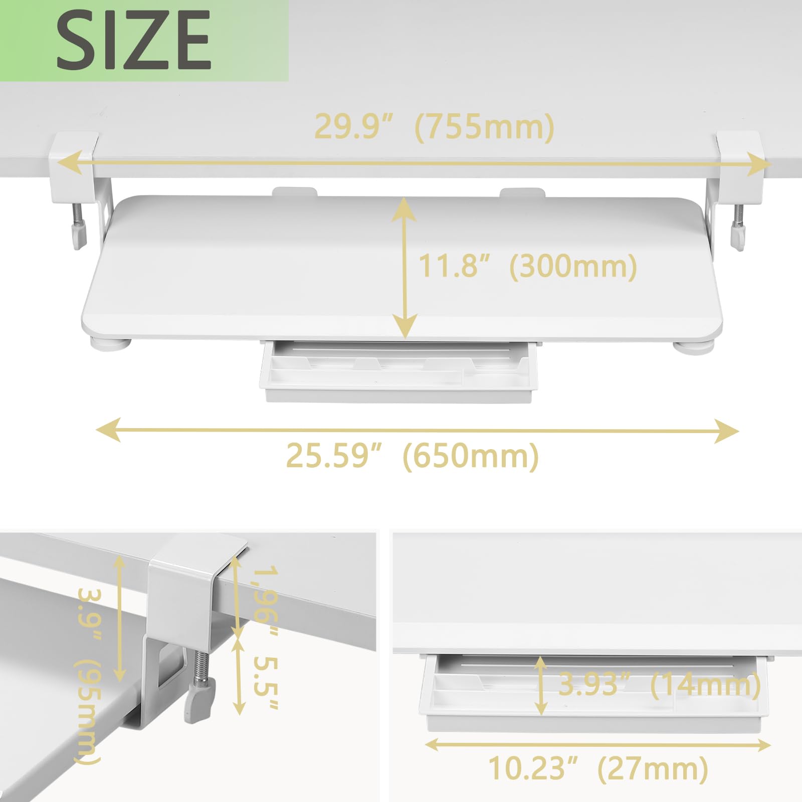 ETHU Keyboard Tray, 26.77" X 11.81" Large Size Keyboard Tray Under Desk with C Clamp-on Mount Easy to Install, Computer Keyboard Stand, Ergonomic Keyboard Tray for Home and Office (White)