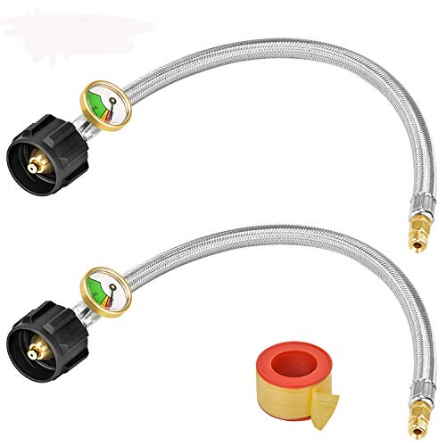 Stanbroil 2PCS 15" RV Propane Pigtail Hose with Gauge for 2-Stage Auto Changeover Regulator, Stainless Steel Braided Hose with 1/4" Inverted Male Flare