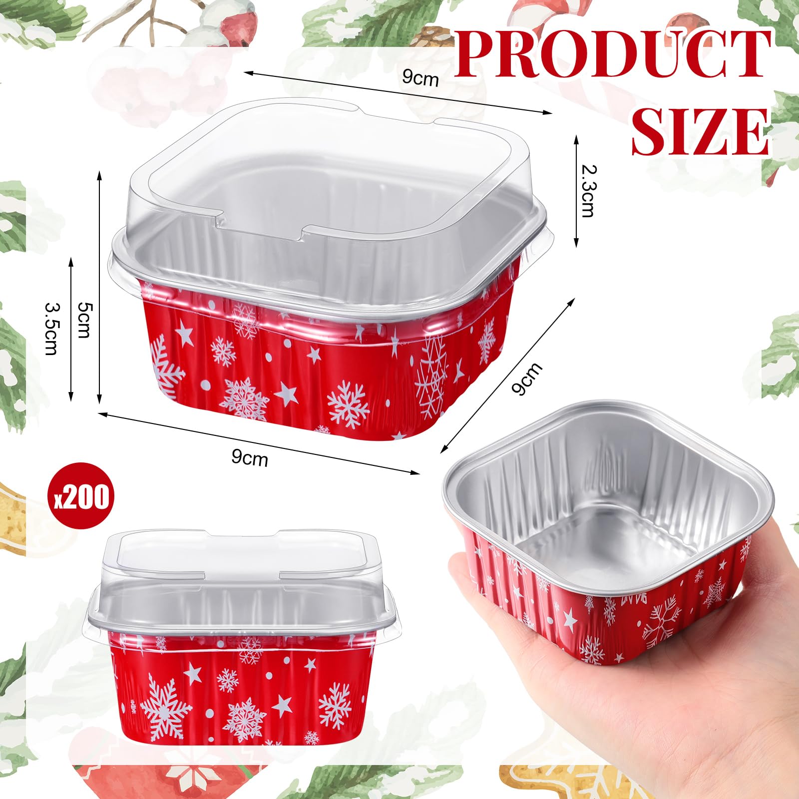Suttmin 200 Pcs Christmas Baking Cups Foil Pans with Lids 5oz Mini Cake Containers Aluminum Cupcake Liners Square Dessert Cups Xmas Disposable Tin Muffin for Xmas Party(Snowflake)