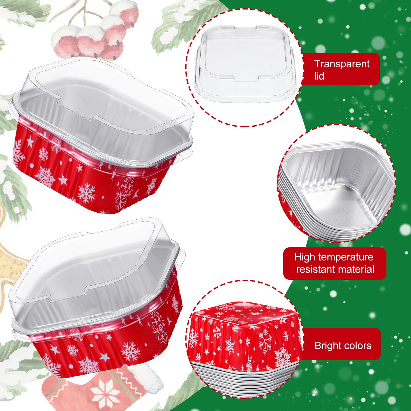 Suttmin 200 Pcs Christmas Baking Cups Foil Pans with Lids 5oz Mini Cake Containers Aluminum Cupcake Liners Square Dessert Cups Xmas Disposable Tin Muffin for Xmas Party(Snowflake)