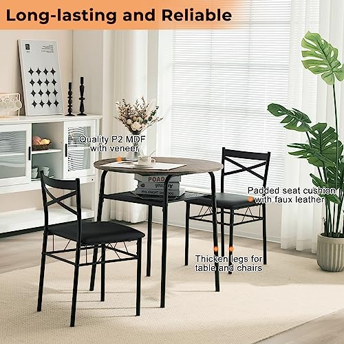 VINGLI 3 Piece Round Dining Set,29.5" Small Dining Table Set for 2,Round Kitchen Table with 2 Chairs Set for Small Space/Dining Room/Apartment,Upholstered Chairs,Metal Frame,Storage Shelf (Black)