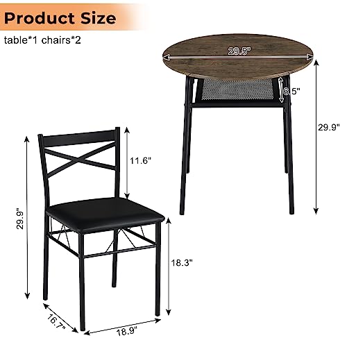 VINGLI 3 Piece Round Dining Set,29.5" Small Dining Table Set for 2,Round Kitchen Table with 2 Chairs Set for Small Space/Dining Room/Apartment,Upholstered Chairs,Metal Frame,Storage Shelf (Black)