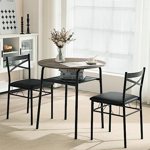 VINGLI 3 Piece Round Dining Set,29.5" Small Dining Table Set for 2,Round Kitchen Table with 2 Chairs Set for Small Space/Dining Room/Apartment,Upholstered Chairs,Metal Frame,Storage Shelf (Black)