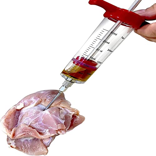 Meat Injector Syringe - 3 Marinade Injector Needles for BBQ Grill, Premium Portable Turkey Injector kit for Smoker,Marinades Injector for Meats With 1oz Large Capacity 1 Brush Easy to Use & Clean Red